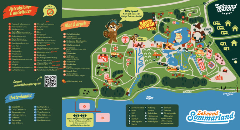 Karta över Leksand Sommarland inkl. attraktioner och restauranger.